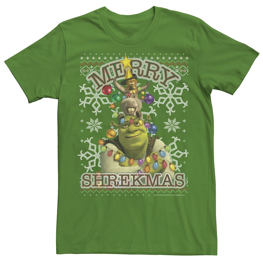 Men's Shrek Donkey & Puss Merry Shrekmas Holiday Text Poster Tee