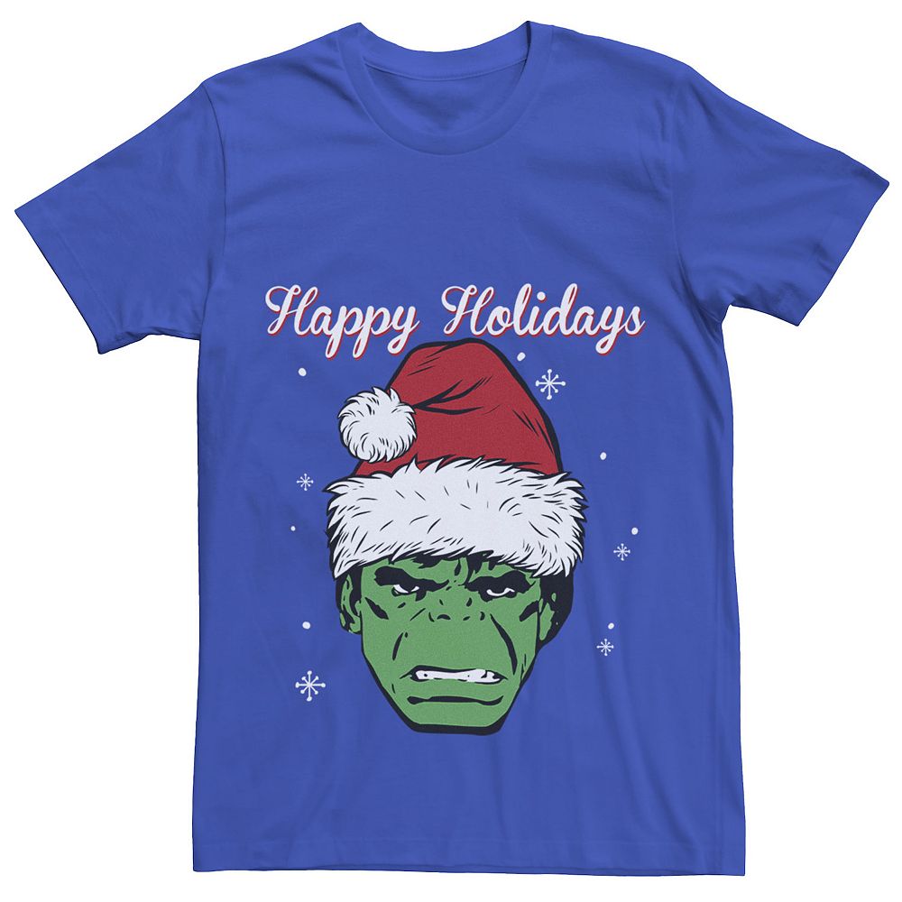Men's Marvel Hulk Santa Hat Happy Holidays Portrait Christmas Graphic Tee