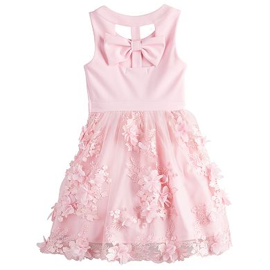 Girls 7-16 Three Pink Hearts Floral Applique Dress