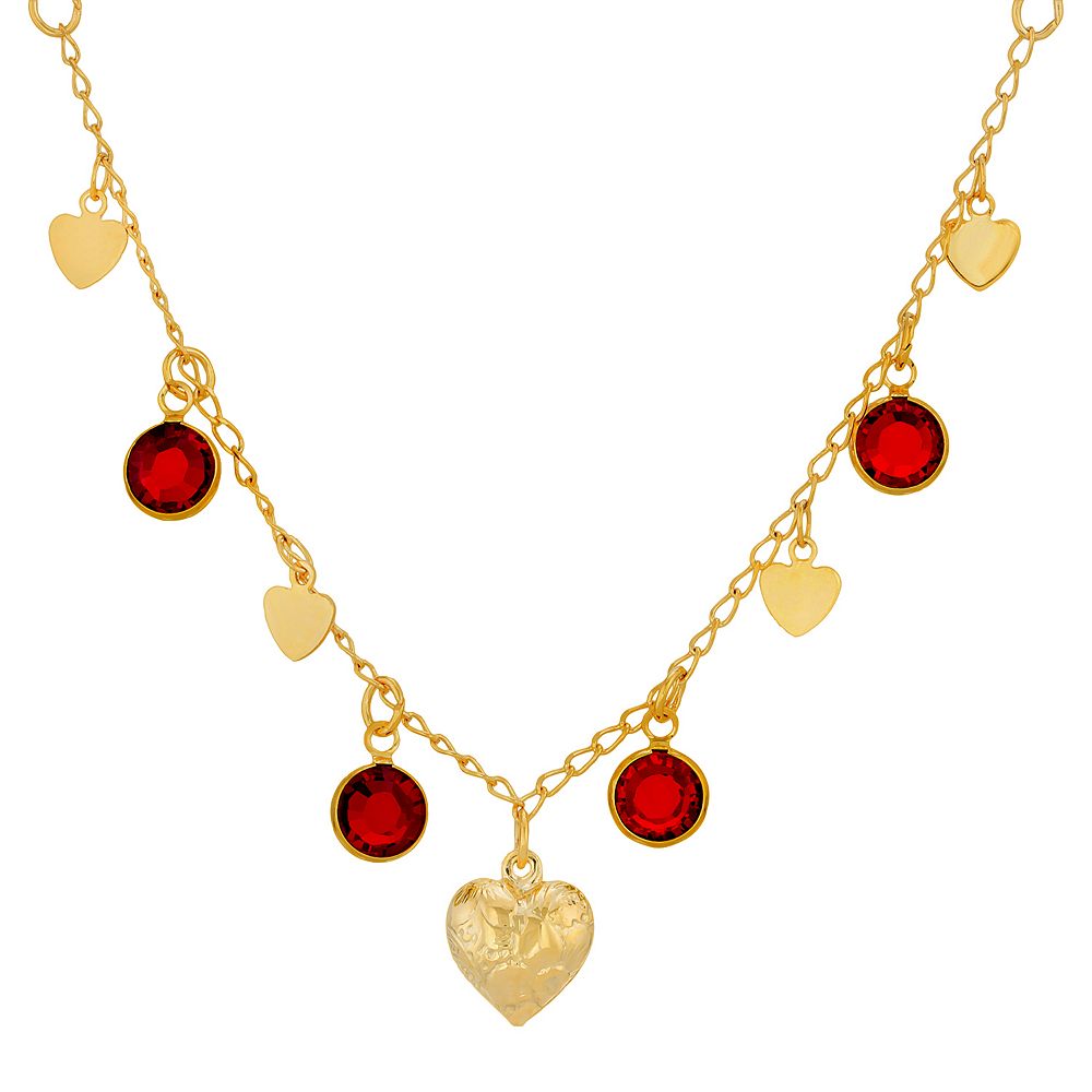 1928 Gold Tone Red Channels With Hearts Drop Necklace
