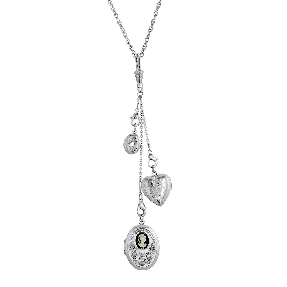 1928 Silver Tone Multi Charm Heart Locket Necklace
