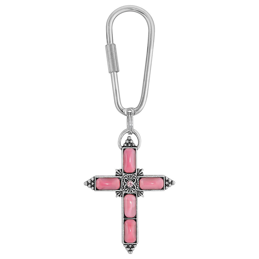 1928 Silver Tone Pink Moonstone Cross Key Chain