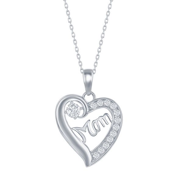 Sterling Silver Cubic Zirconia "Mom" Heart Pendant Necklace