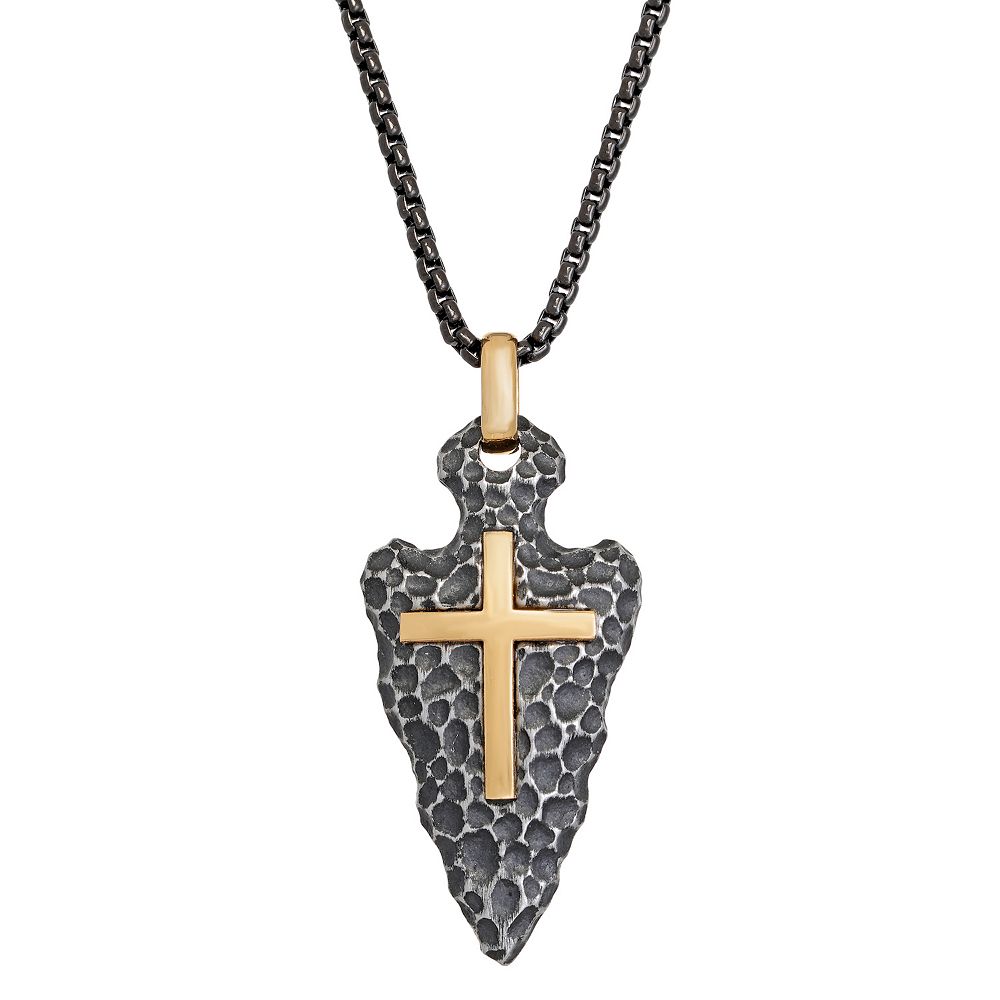 Men's LYNX Two Tone Stainless Steel Arrowhead Cross Pendant Necklace