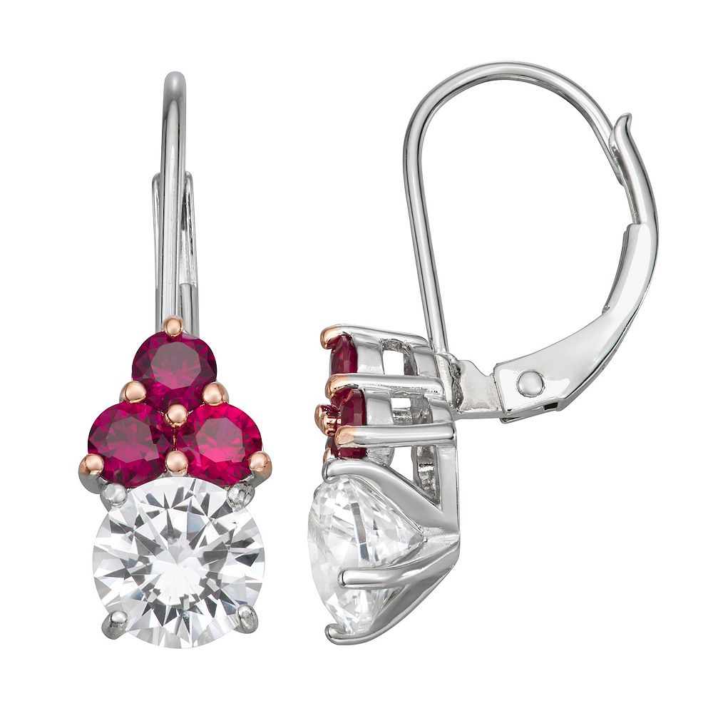 Classic Treasures Sterling Silver Lab-Created White Sapphire & Lab-Created Ruby Leverback Earrings