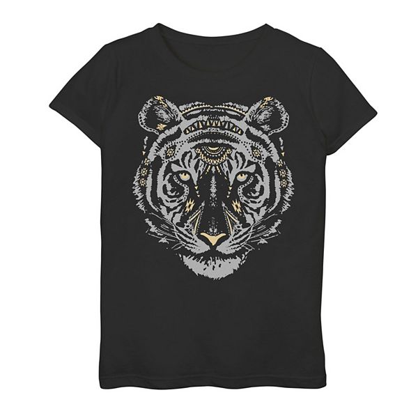 Girls 7-16 Tribal Tiger Head With Gold Flakes Graphic Tee