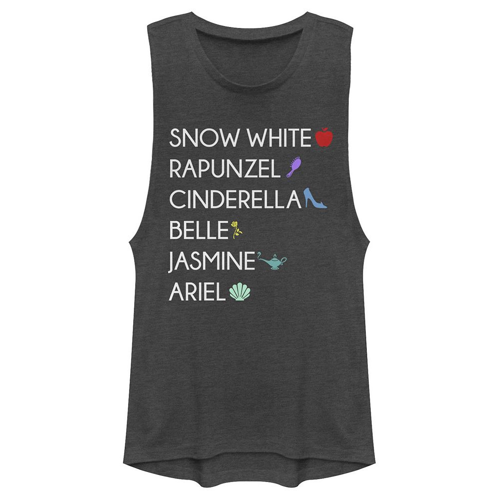 Juniors' Disney Princess Six Princesses Names & Symbols Muscle Tank Top