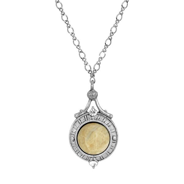 1928 Silver Tone Riverstone Round Stone Pendant Necklace