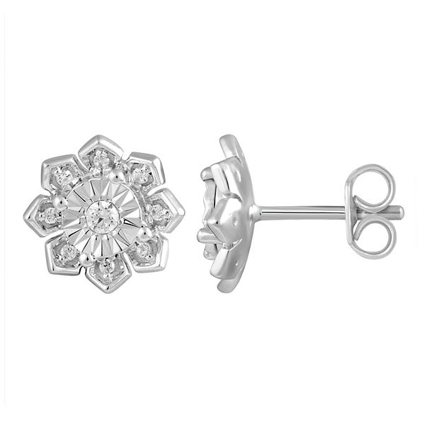 Royal Aura Sterling Silver 1/6 Carat T.W. Diamond Flower Cluster Stud ...