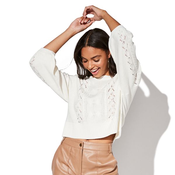 Juniors' Vylette™ High-Low Cable Crewneck Sweater
