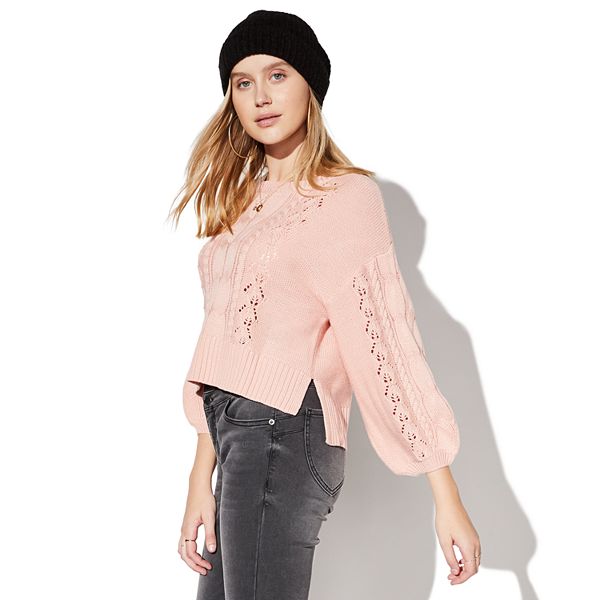 Juniors' Vylette™ High-Low Cable Crewneck Sweater