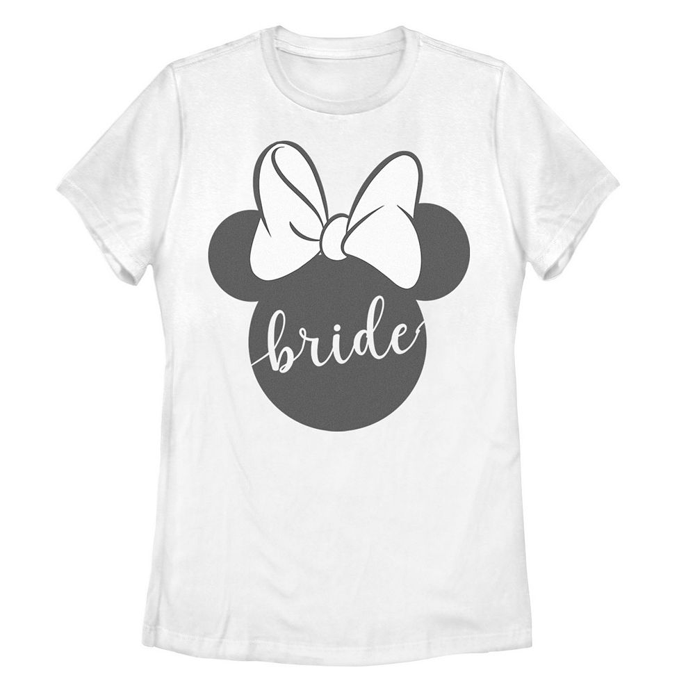 Juniors' Disney's Minnie Mouse Head Silhouette Bow Bride Cursive Text Tee