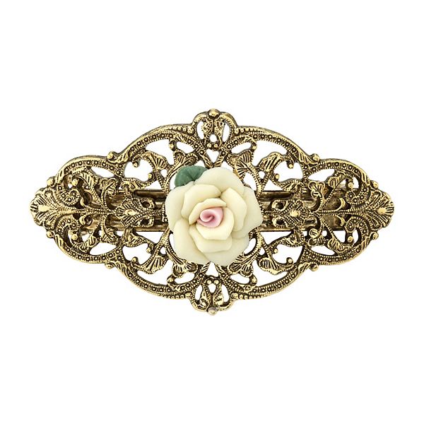 1928 Gold Tone Porcelain Rose Barrette