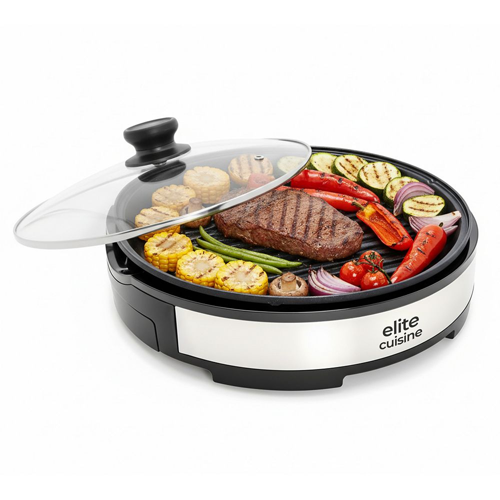 Elite Cuisine 12-inch Deluxe BBQ Grill with Tempered Glass Lid