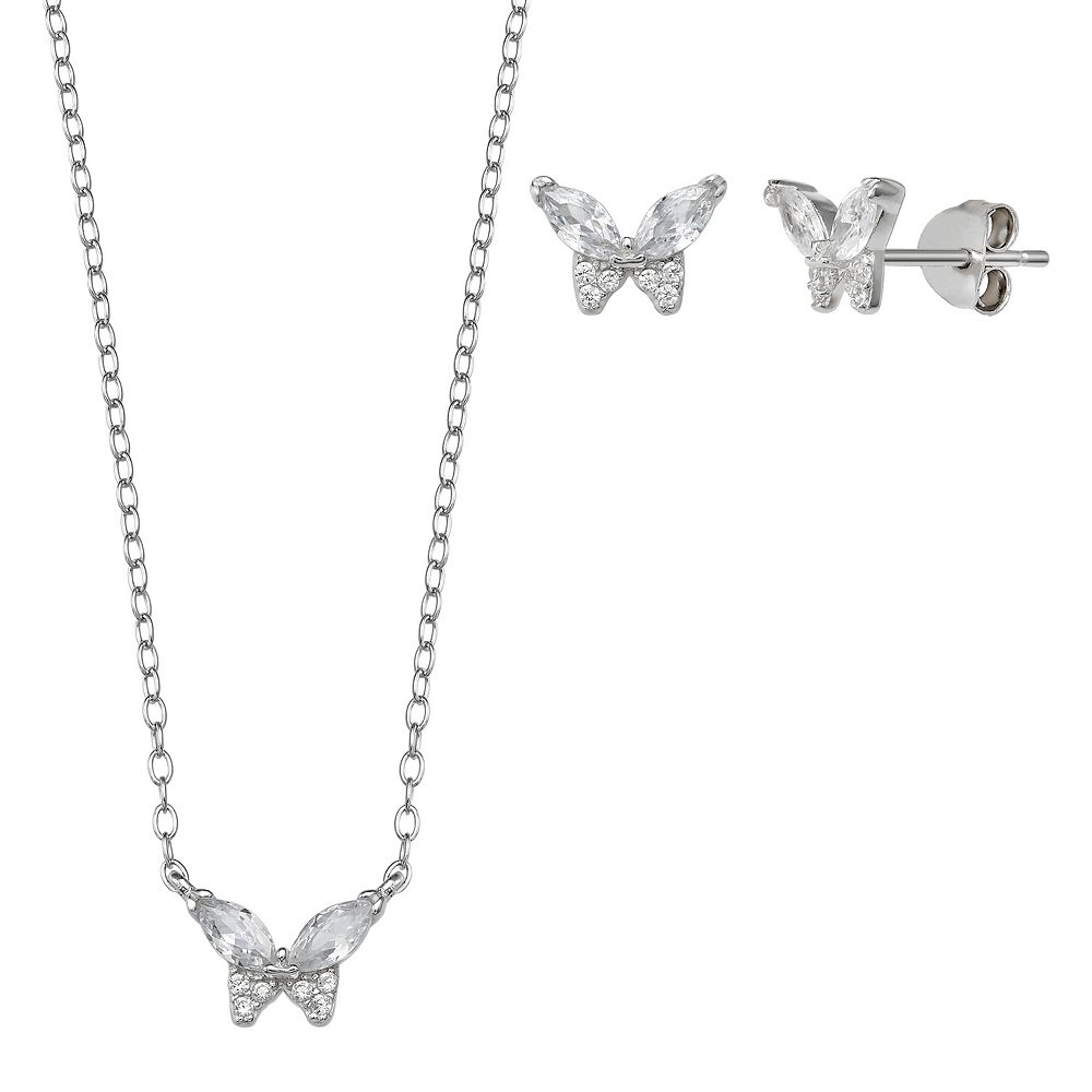 PRIMROSE Sterling Silver Cubic Zirconia Butterfly Stud Earrings & Pendant Necklace Set
