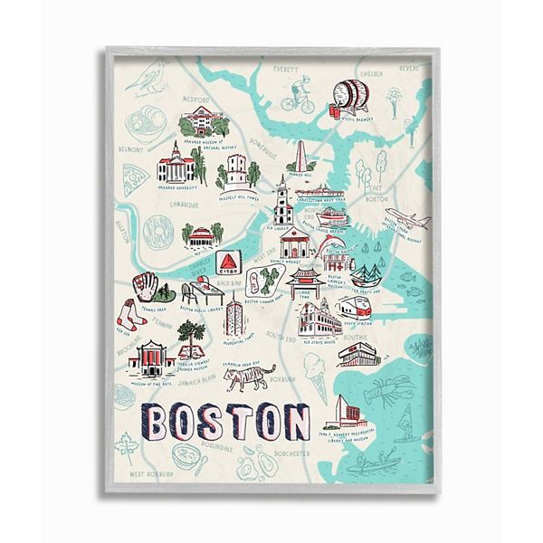 Stupell Home Decor Illustrative Map of Boston Massachusetts Landmarks ...