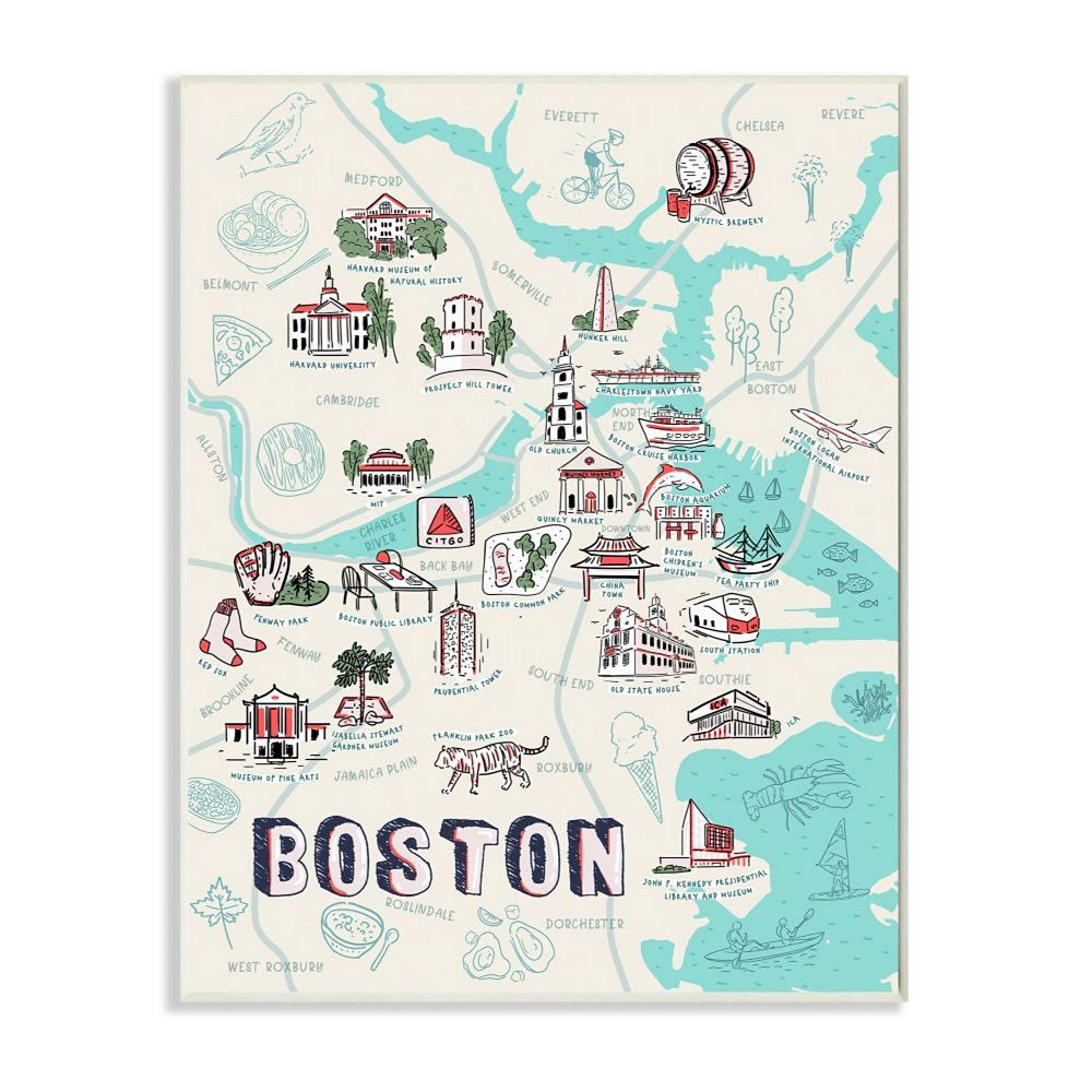 Stupell Home Decor Illustrative Map of Boston Massachusetts Landmarks ...