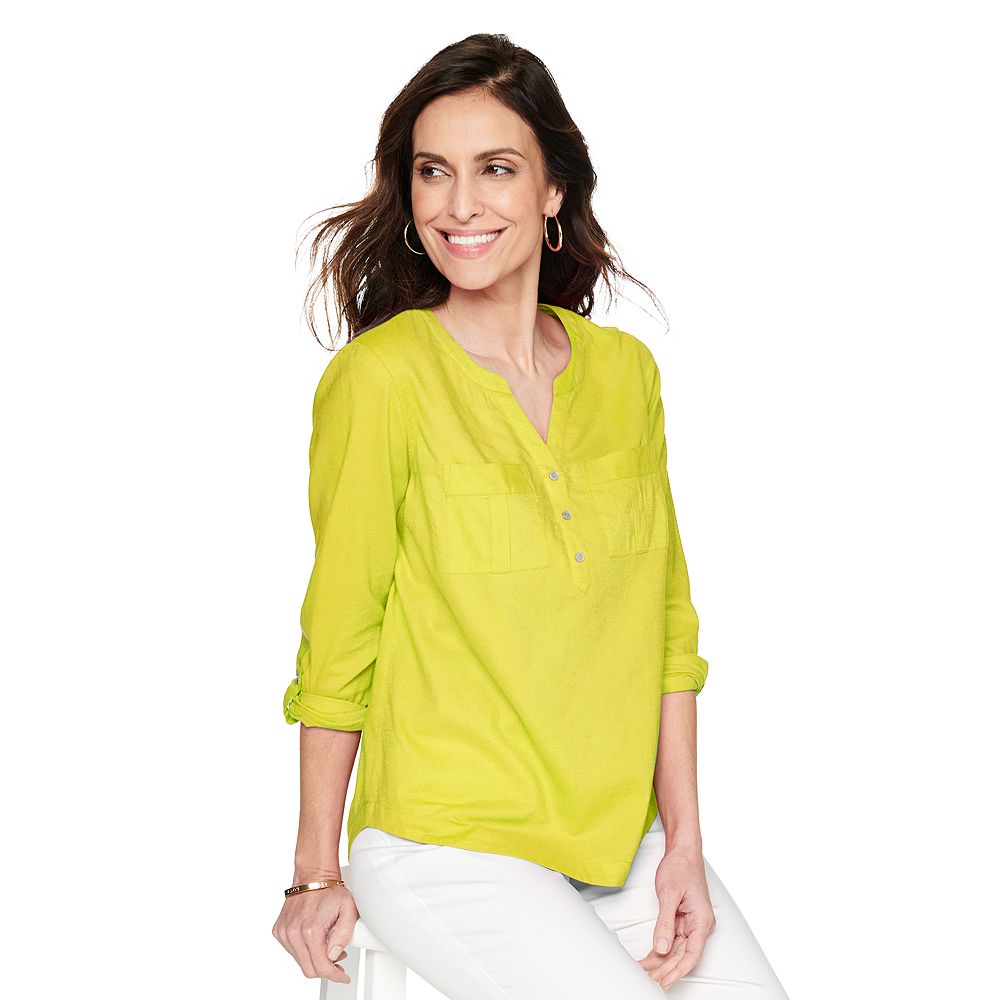 Women's Croft & Barrow® Roll-Tab Linen-Blend Henley Top