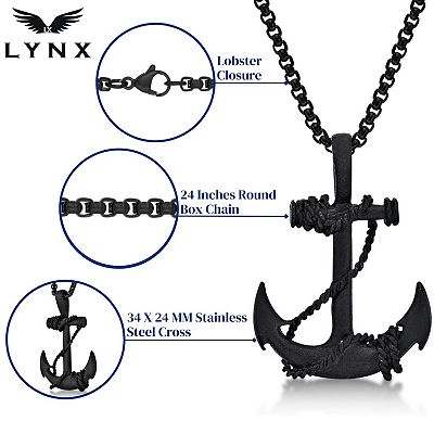 Men s Lynx Black Ion Plated Stainless Steel Anchor Pendant Necklace Size 24