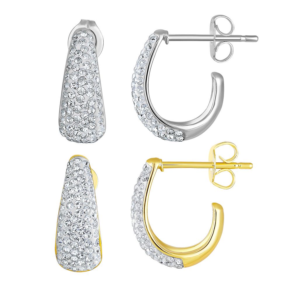 Two Tone Sterling Silver Crystal C-Hoop Earring Set