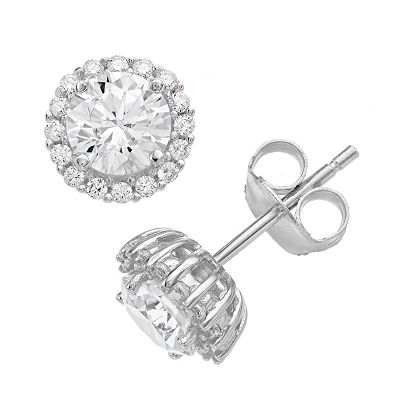 Silver Plated Cubic Zirconia Round Halo Stud Earrings