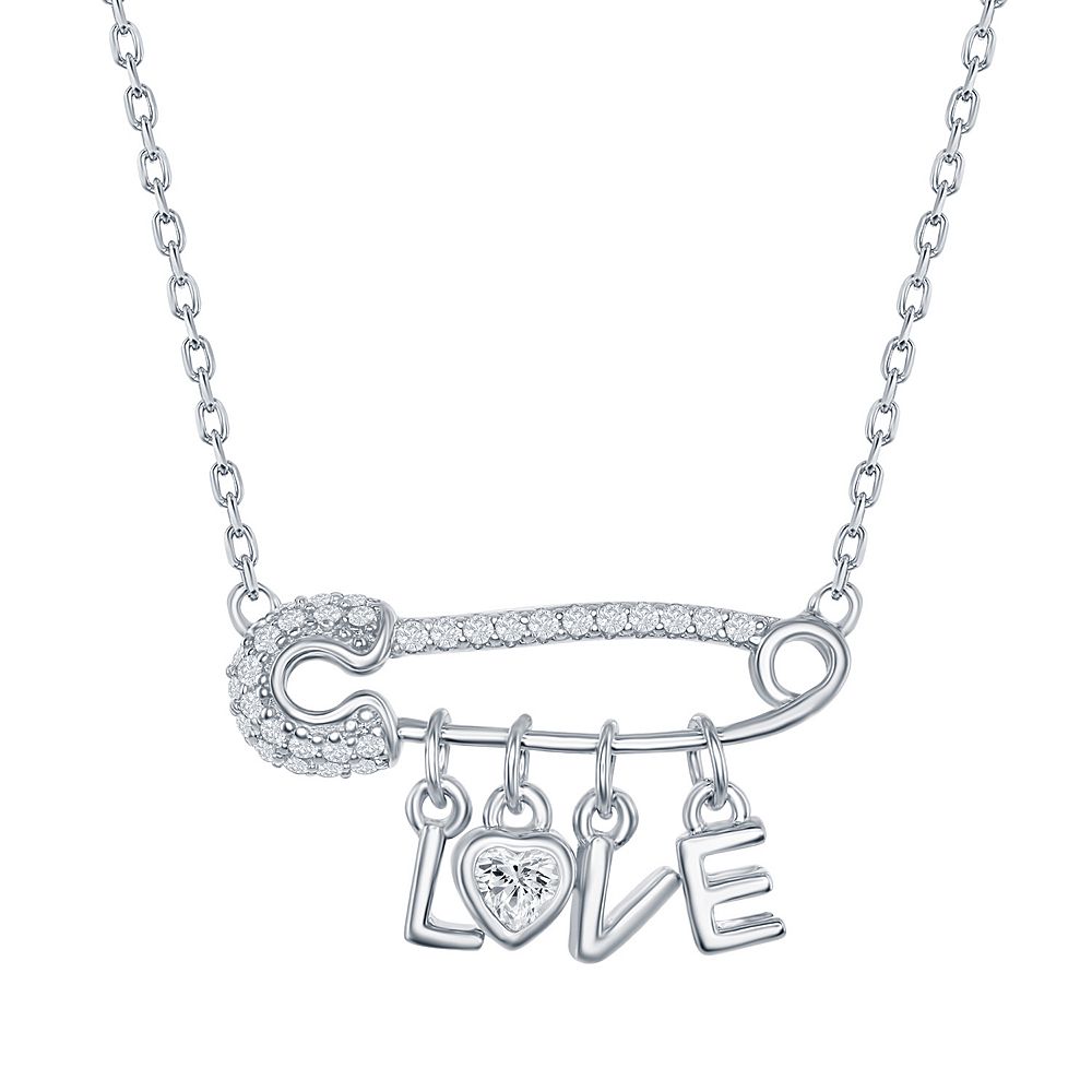 Argento Bella Sterling Silver Cubic Zirconia Safety Pin "Love" Necklace