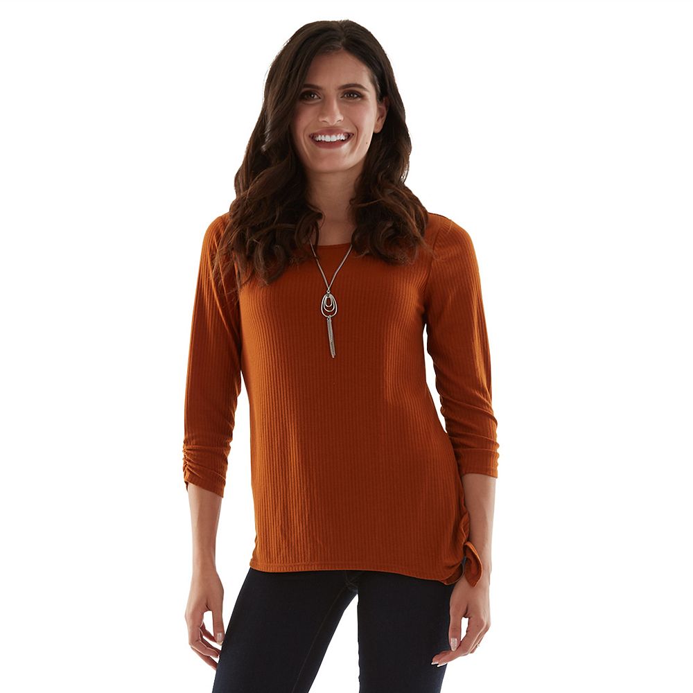 Women's AB Studio Necklace & Ruched Sleeve Side-Knot Top