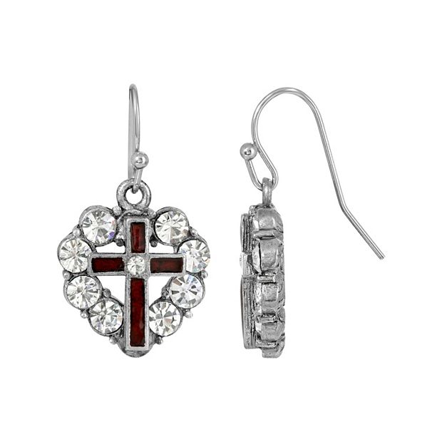 Symbols of Faith Pewter Blue Enamel Cross Crystal Heart Earrings