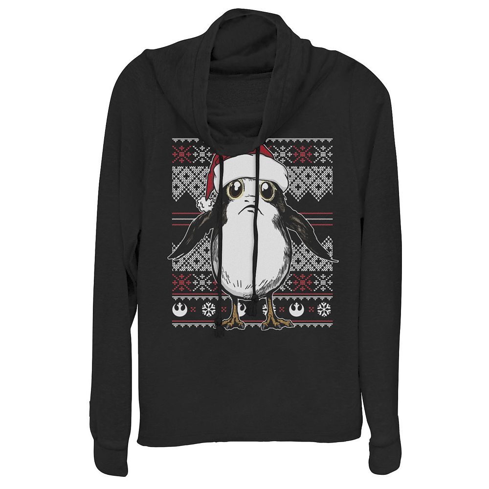 Juniors' Star Wars Porg Christmas Cowlneck Graphic Lightweight Long Sleeve