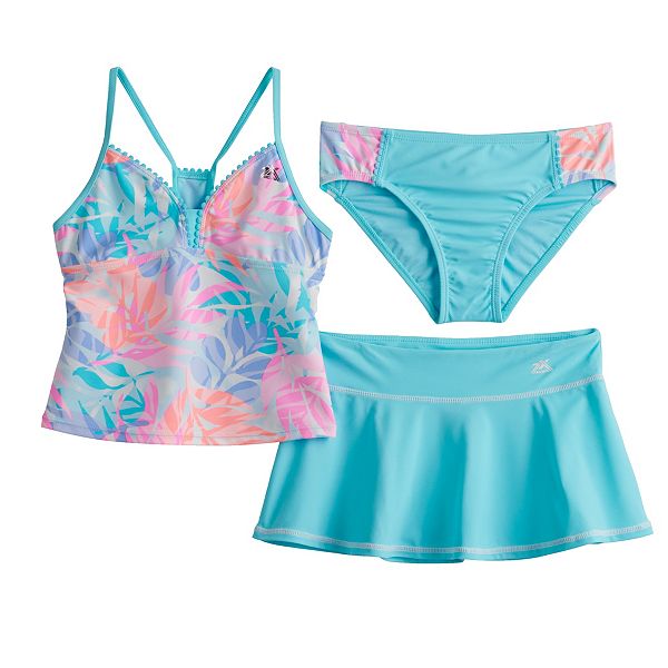 Girls 7-16 ZeroXposur Bobble Trim Tankini Top, Briefs & Skirt Swim Set