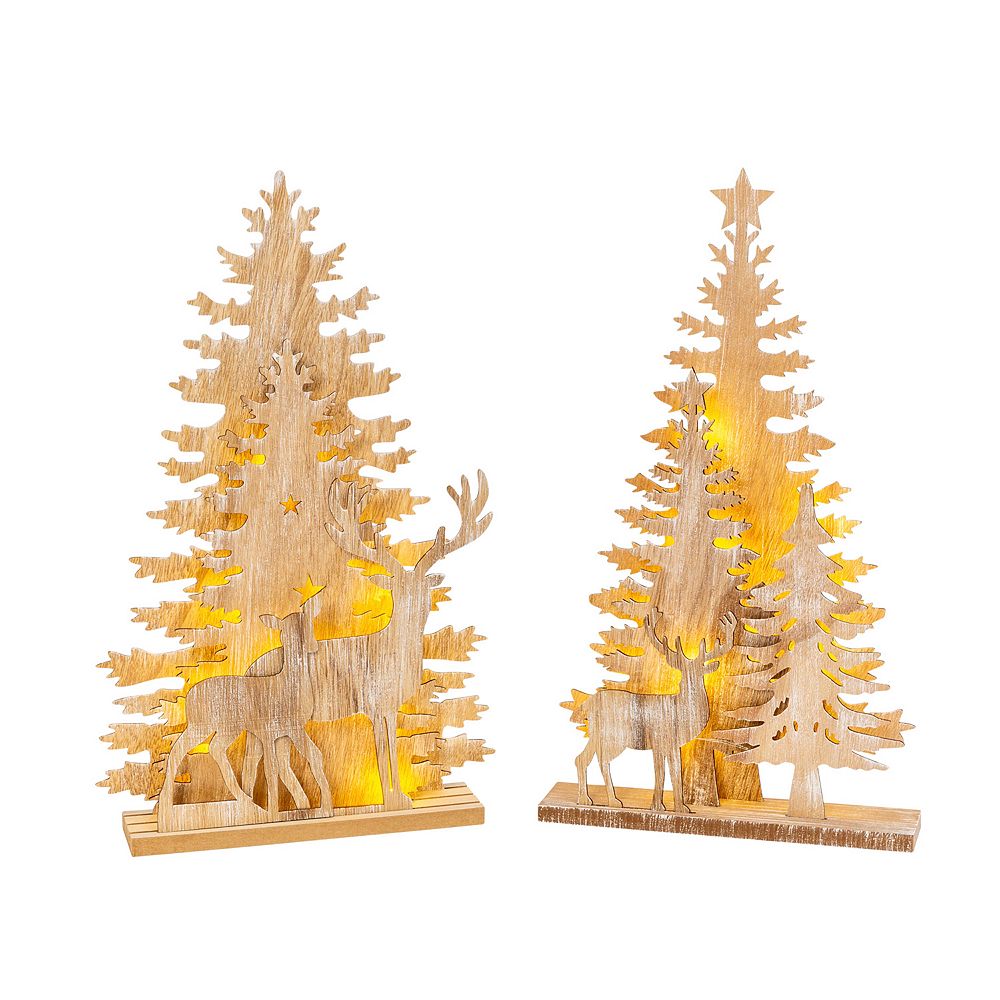 Light-Up Laser Cut Trees Reindeer Table Decor 2-piece Set