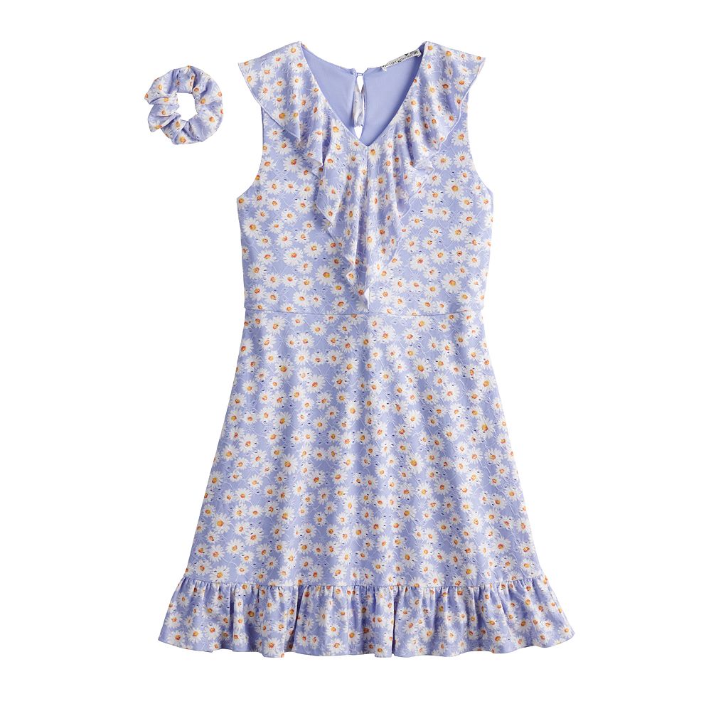 Girls 7-16 Kint Works Ruffled Eyelet Dress with Scrunchie in Regular & Plus