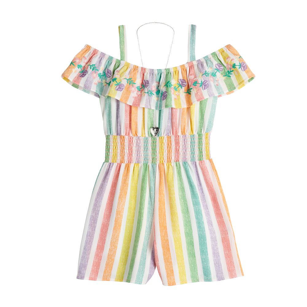 Girls 7-16 Kint Works Ruffled Romper with Necklace in Regular & Plus
