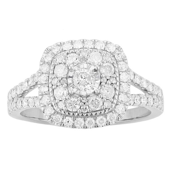 Sterling Silver 1 Carat T.W. Diamond Square Shape Halo Ring
