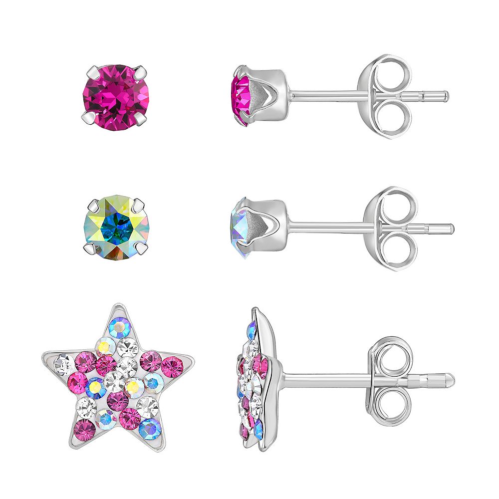 Charming Girl Sterling Silver 3 Pair Star & Crystal Stud Earring Set
