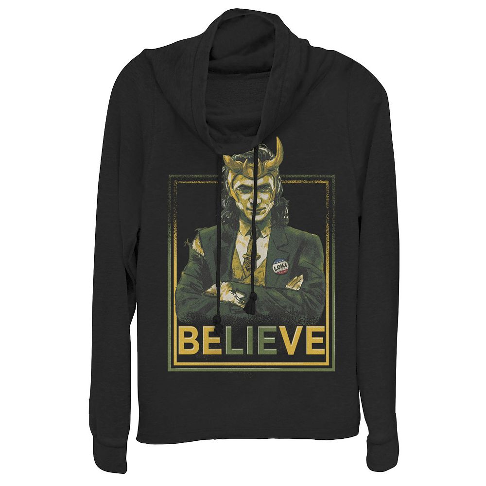 Juniors' Marvel Loki BeLIEve Portrait Cowlneck Graphic Lightweight Long ...