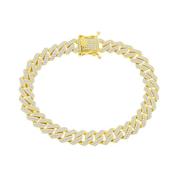 Metallo Men's 14k Gold Over Silver Cubic Zirconia Monaco Chain Bracelet