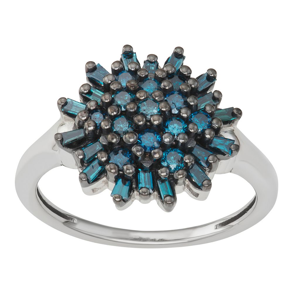 Jewelexcess Sterling Silver 3/4 Carat T.W, Blue Diamond Cluster Ring