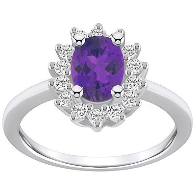 Alyson Layne 14K White Gold Oval Cut Amethyst 1 3 Carat T.W. Diamond Halo Ring Women s Size 9 Purple