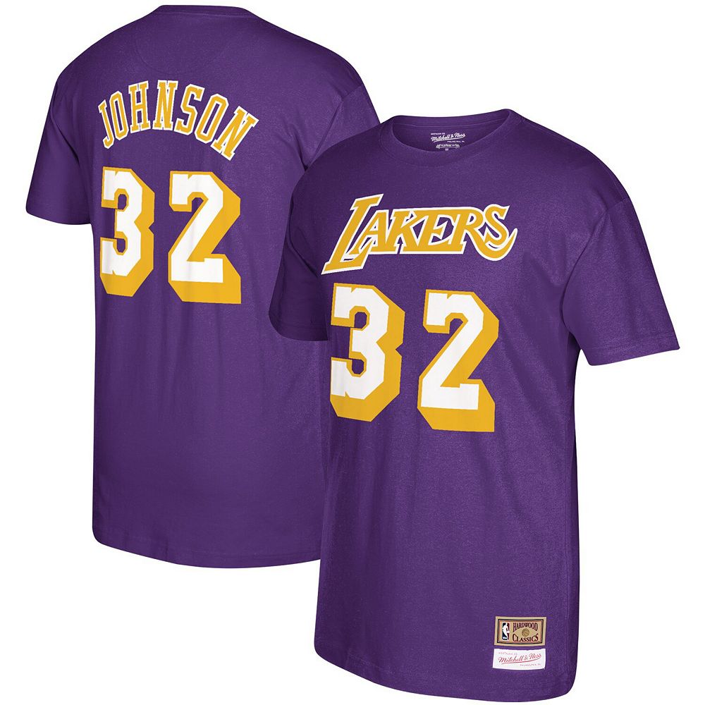 Men's Mitchell & Ness Magic Johnson Purple Los Angeles Lakers Hardwood Classics Name & Number T ...