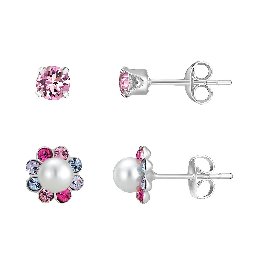 Charming Girl Kids' Sterling Silver Crystal & Simulated Pearl Earring ...