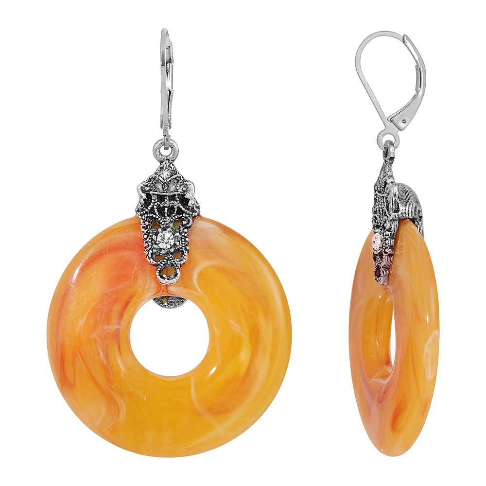 1928 Silver Tone Orange Open Circle Drop Earrings