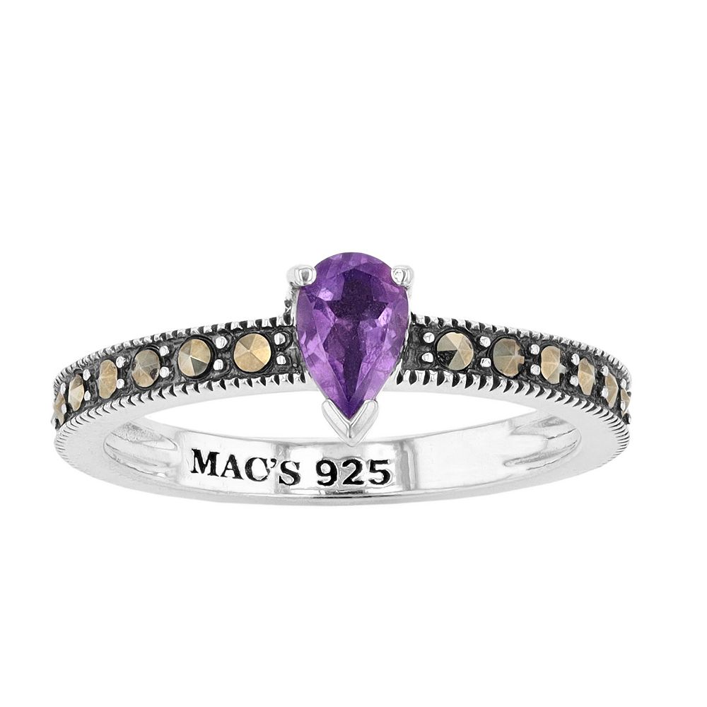 Lavish by TJM Sterling Silver Pear Cut Amethyst & Marcasite Ring