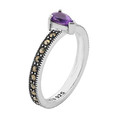Lavish by TJM Sterling Silver Pear Cut Amethyst & Marcasite Ring