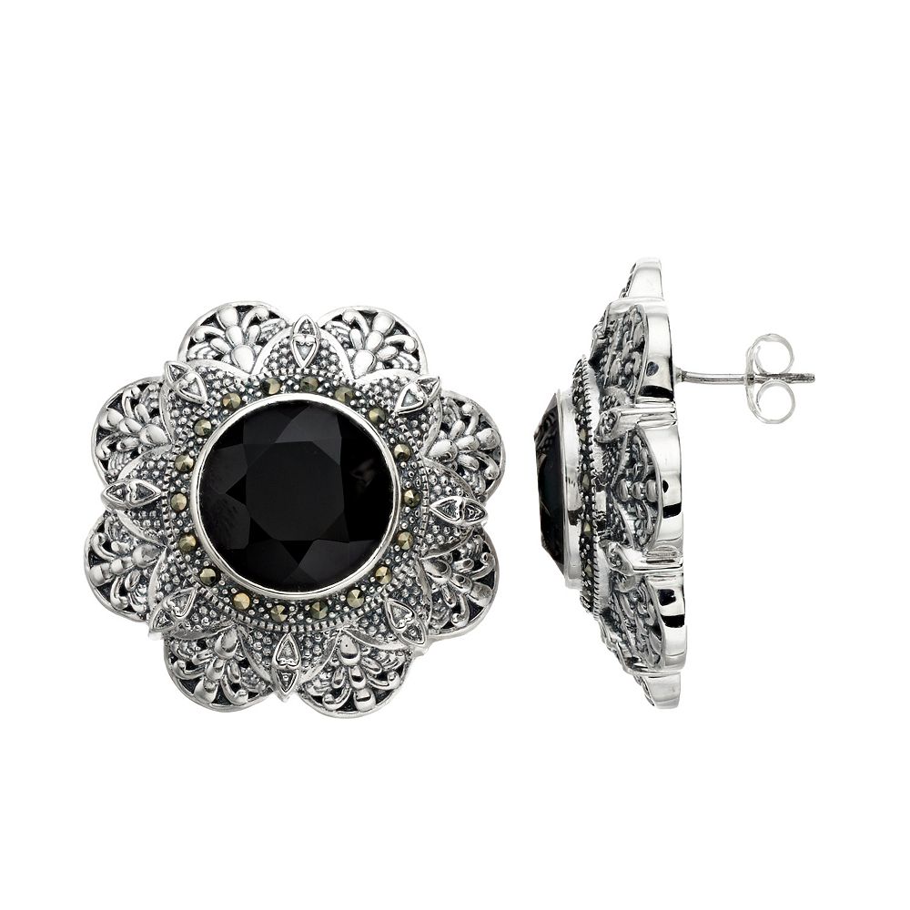 Lavish by TJM Sterling Silver Onyx & Marcasite Floral Stud Earrings