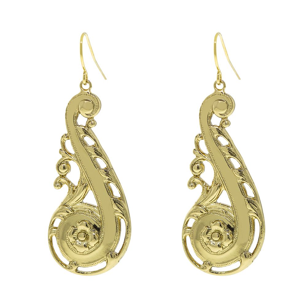 1928 Gold Tone Floral Filigree Swirl Drop Earrings
