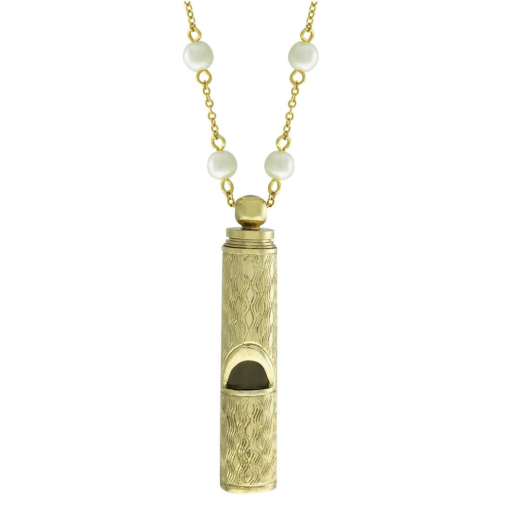 1928 Gold Tone Whistle with Simulated Pearl Chain Necklace