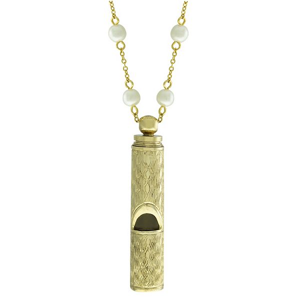 1928 Gold Tone Whistle with Simulated Pearl Chain Necklace