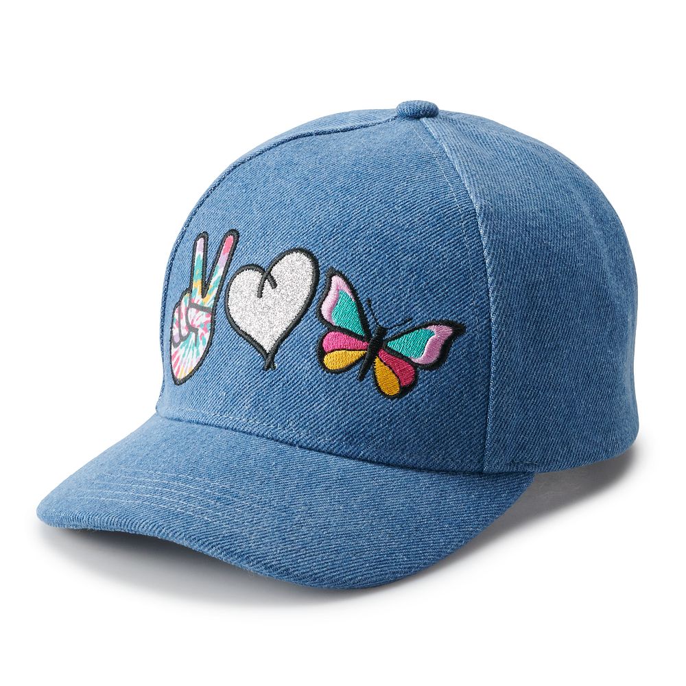 Girls 4-16 Elli by Capelli Peace, Love & Butterflies Denim Baseball Cap