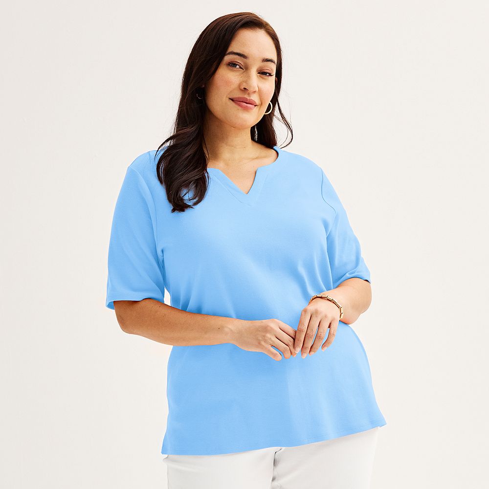 Plus Size Croft & Barrow® Elbow Sleeve Split Neck Top